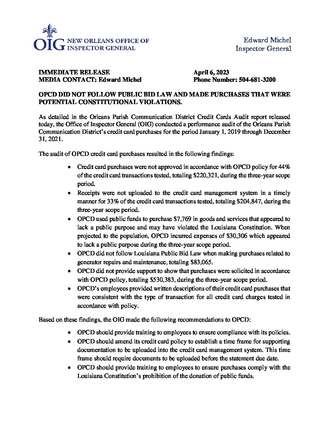 OPCD DID NOT FOLLOW PUBLIC BID LAW AND MADE PURCHASES THAT WERE ...